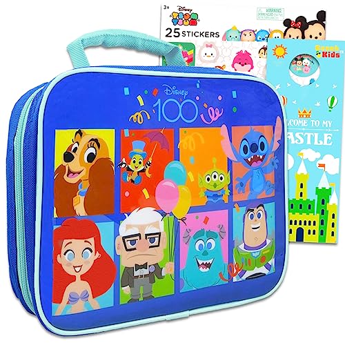 Disney 100 Lunch Box for Kids Set - Bundle with Disney Lunch Bag Featuring Ariel, Stitch, Buzz Lightyear, More Plus Stickers | Disney Lunch Box for Girls