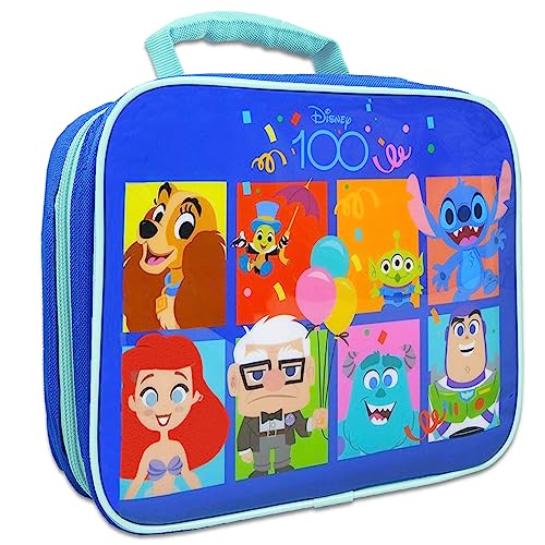 Disney 100 Lunch Box for Kids Set - Bundle with Disney Lunch Bag Featuring Ariel, Stitch, Buzz Lightyear, More Plus Stickers | Disney Lunch Box for Girls