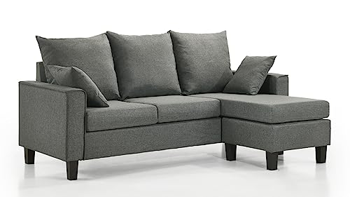 HOMES: Inside + Out Bevis Modern Convertible Sectional for Living Room and Bedroom, L-Shaped Couch with Linen Fabric for Apartment, 3 Seat Sofa with Chaise for Small Spaces and Office, Gray