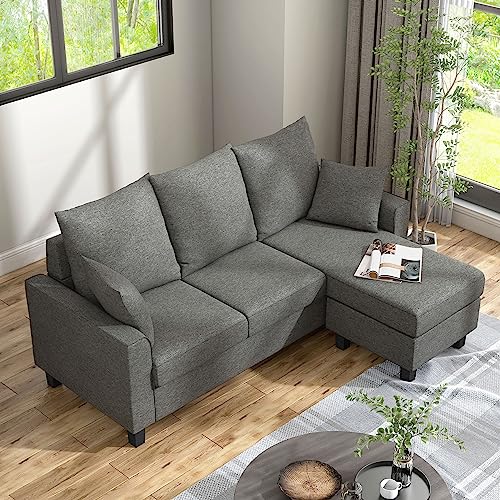 HOMES: Inside + Out Bevis Modern Convertible Sectional for Living Room and Bedroom, L-Shaped Couch with Linen Fabric for Apartment, 3 Seat Sofa with Chaise for Small Spaces and Office, Gray