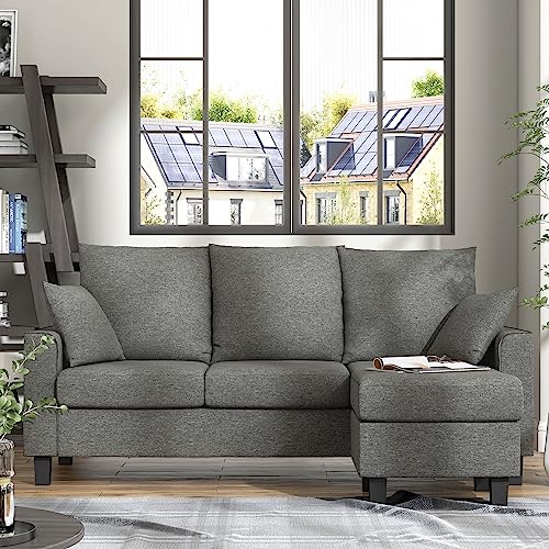 HOMES: Inside + Out Bevis Modern Convertible Sectional for Living Room and Bedroom, L-Shaped Couch with Linen Fabric for Apartment, 3 Seat Sofa with Chaise for Small Spaces and Office, Gray