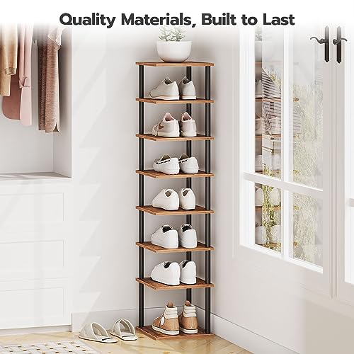 HOOBRO Vertical Shoe Rack for Small Space, 8-Tier Corner Shoe Rack, Wooden Shoe Storage Organizer, for Closet, Entryway, Hallway, Bedroom, No-Tool Assembly, Rustic Brown and Black BF22XJ01