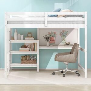 citylight full size loft bed with desk and shelves, wood full loft bed with desk &writing board, sapce saving loft bed full for kids, boys,girls,teens,white