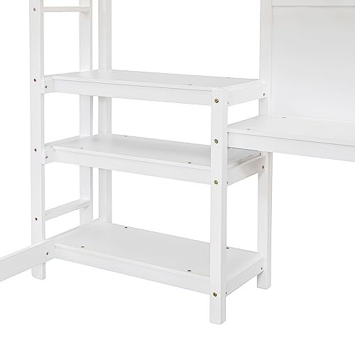 CITYLIGHT Full Size Loft Bed with Desk and Shelves, Wood Full Loft Bed with Desk &Writing Board, Sapce Saving Loft Bed Full for Kids, Boys,Girls,Teens,White