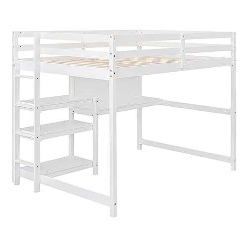 CITYLIGHT Full Size Loft Bed with Desk and Shelves, Wood Full Loft Bed with Desk &Writing Board, Sapce Saving Loft Bed Full for Kids, Boys,Girls,Teens,White