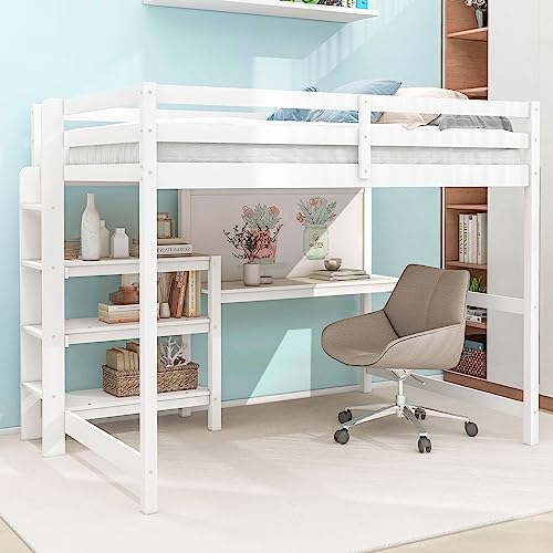 CITYLIGHT Full Size Loft Bed with Desk and Shelves, Wood Full Loft Bed with Desk &Writing Board, Sapce Saving Loft Bed Full for Kids, Boys,Girls,Teens,White