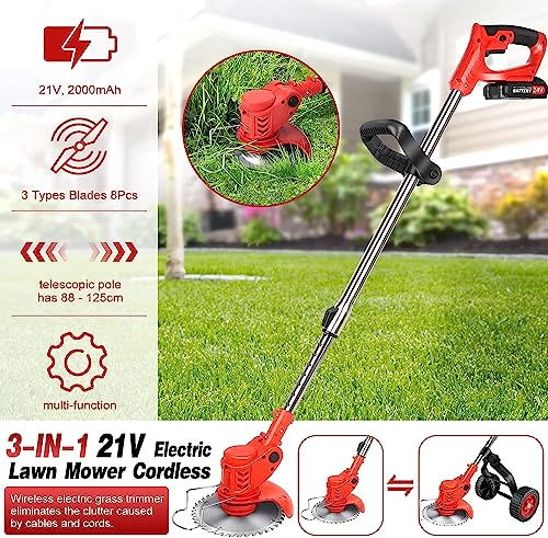 Weed Wacker Battery Operated Edger Trimmer 21V 2000mAh, Electric Weed Eater Cordless Brush Cutter, 3-in-1 Lawn Edger Grass Trimmer Adjustable Mini Lawn Mower, 8 Blades, 1 Wheel, 2 Batteries,1 Charger