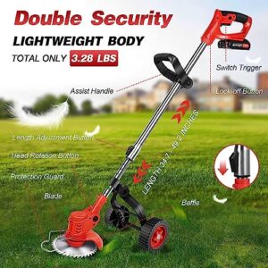 Weed Wacker Battery Operated Edger Trimmer 21V 2000mAh, Electric Weed Eater Cordless Brush Cutter, 3-in-1 Lawn Edger Grass Trimmer Adjustable Mini Lawn Mower, 8 Blades, 1 Wheel, 2 Batteries,1 Charger