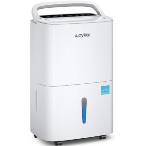 waykar 80 pints energy star home dehumidifier for spaces up to 5,000 sq. ft at home, in basements and large rooms with drain hose, handle, auto defrost and self-drying.