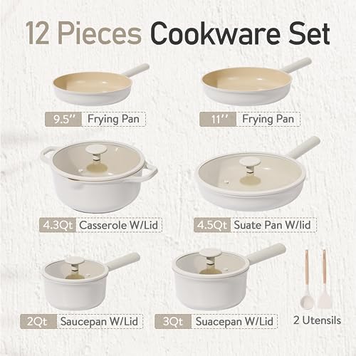 CAROTE Nonstick Pots and Pans Set, 12 Pcs Ceramic Cookware Sets, Healthy Non Stick Induction Cookware Kitchen Granite Cooking Set w/Frying Pans & Saucepan, PFOS, PFOA Free