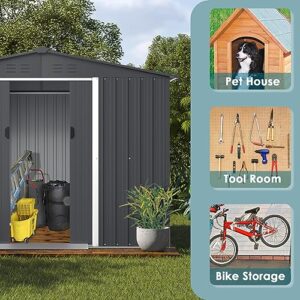 Incbruce 6X8 Ft Outdoor Storage Shed, Double Sloping Roof Metal Shed, Garden Storage Shed with Sliding Door, Metal Shed Kit with Double Doorknobs and Air Vents (Grey)