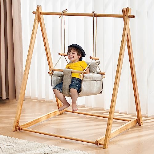 Wooden Toddler Swing Set, Foldable Baby Swing Set with Adjustable Ropes and Backrest Pillow, Durable and Stylish Indoor Swing Set, Swing Set for Toddlers 6-36 Months, Easy to Assemble (Wood)