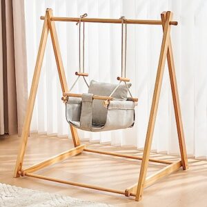 Wooden Toddler Swing Set, Foldable Baby Swing Set with Adjustable Ropes and Backrest Pillow, Durable and Stylish Indoor Swing Set, Swing Set for Toddlers 6-36 Months, Easy to Assemble (Wood)