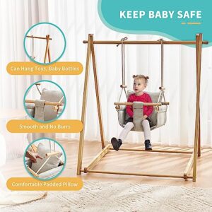 Wooden Toddler Swing Set, Foldable Baby Swing Set with Adjustable Ropes and Backrest Pillow, Durable and Stylish Indoor Swing Set, Swing Set for Toddlers 6-36 Months, Easy to Assemble (Wood)