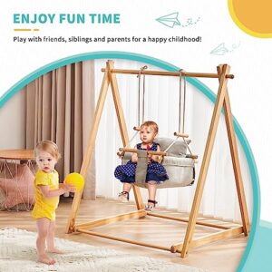 Wooden Toddler Swing Set, Foldable Baby Swing Set with Adjustable Ropes and Backrest Pillow, Durable and Stylish Indoor Swing Set, Swing Set for Toddlers 6-36 Months, Easy to Assemble (Wood)