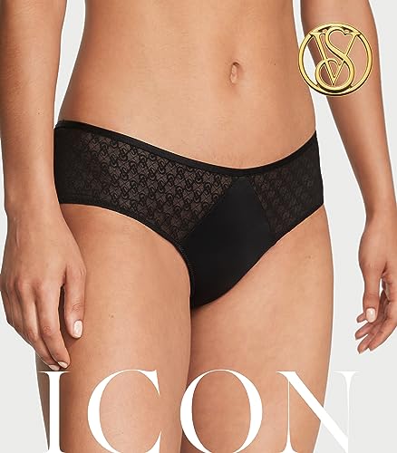 Victoria's Secret Icon T-Back Cheeky Panty, VS Monogram Lace, Hiphugger Underwear for Women, Very Sexy Collection, Black (M)