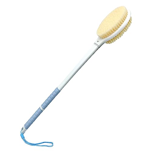 Body Scrubber Anti Slip Long Handle for Shower,Dual-Sided Shower Brush with Soft and Stiff Bristles, 20.07in Showering Exfoliator for Men and Women(Blue)