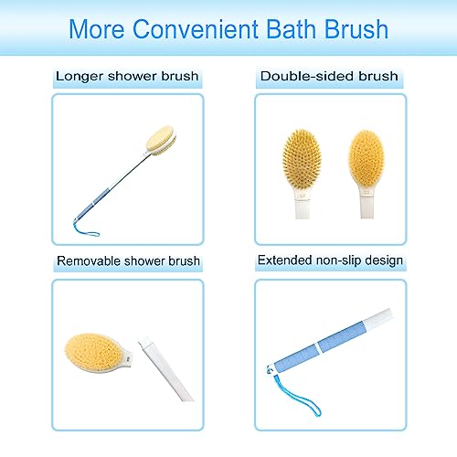 Body Scrubber Anti Slip Long Handle for Shower,Dual-Sided Shower Brush with Soft and Stiff Bristles, 20.07in Showering Exfoliator for Men and Women(Blue)