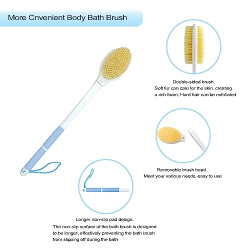 Body Scrubber Anti Slip Long Handle for Shower,Dual-Sided Shower Brush with Soft and Stiff Bristles, 20.07in Showering Exfoliator for Men and Women(Blue)