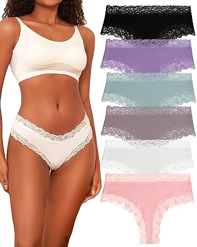 FINETOO Womens Cotton Underwear Sexy Lace Hipster Panties Soft Breathable Cotton Brazilian Bikini Ladies 6 Pack(6BM)