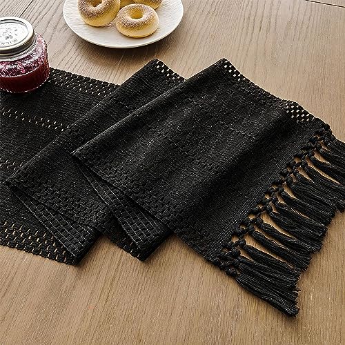 ZeeMart Macrame Style Boho Table Runner, Black Table Runners 72 Inches Long, Farmhouse Woven Home Decor, 12x72 Inch, Black