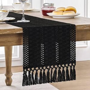 zeemart macrame style boho table runner, black table runners 72 inches long, farmhouse woven home decor, 12x72 inch, black