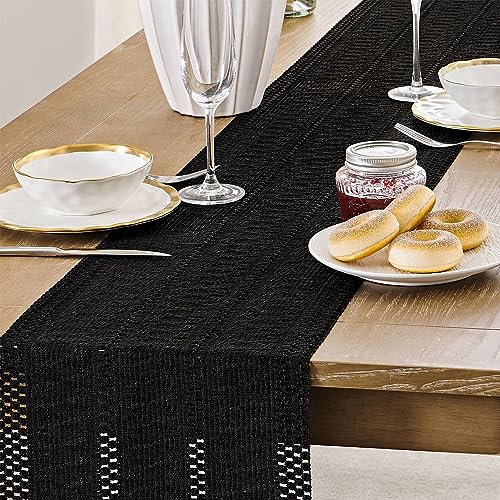 ZeeMart Macrame Style Boho Table Runner, Black Table Runners 72 Inches Long, Farmhouse Woven Home Decor, 12x72 Inch, Black