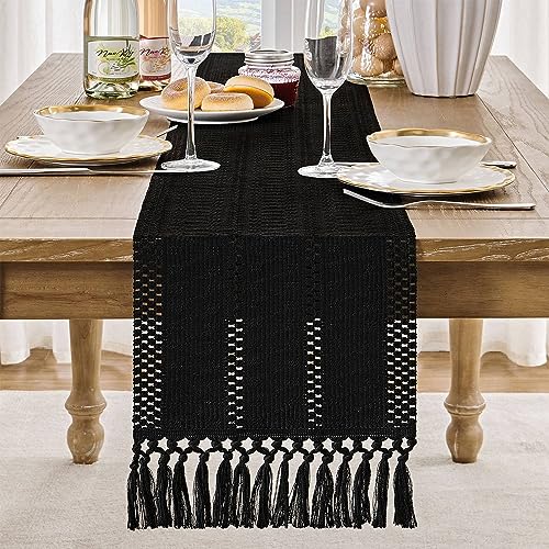 ZeeMart Macrame Style Boho Table Runner, Black Table Runners 72 Inches Long, Farmhouse Woven Home Decor, 12x72 Inch, Black