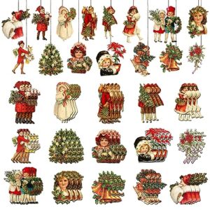 45 pcs christmas hanging ornaments vintage christmas wooden decorations poinsettia red green xmas tree hanging sign retro holiday wood signs with rope for christmas party supplies home decor