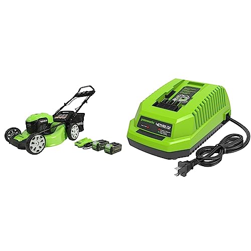 Greenworks 40V 21" Brushless (Smart Pace) Self-Propelled Lawn Mower, 2 x 4Ah USB (Power Bank) Batteries and Charger Included MO40L4413 & 40V Lithium-Ion Battery Charger (Genuine Greenworks Charger)