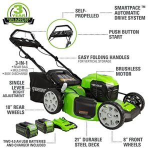 Greenworks 40V 21" Brushless (Smart Pace) Self-Propelled Lawn Mower, 2 x 4Ah USB (Power Bank) Batteries and Charger Included MO40L4413 & 40V Lithium-Ion Battery Charger (Genuine Greenworks Charger)