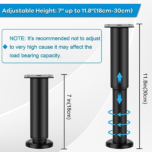 KONIGEEHRE [Upgraded 4 PCS Metal Adjustable Furniture Legs 7-11.8 inch, Heavy Duty Cabinet Legs Extension for Couch/Bed/Desk/Sofa/Table/Chair/Dresser, Replacement Legs for Furniture –Black