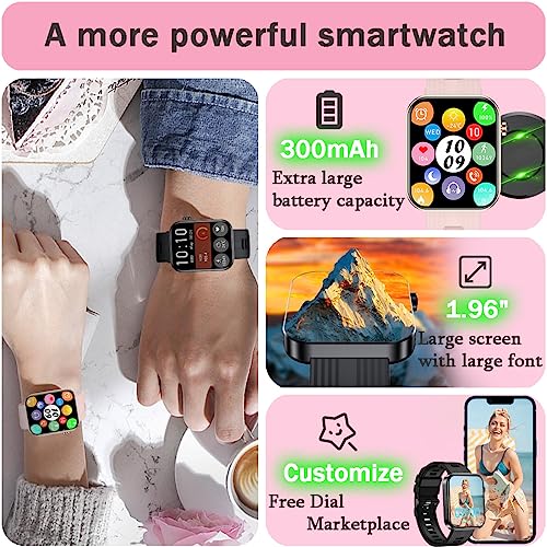 Smart Watch Women Bluetooth Call 1.96"Fitness Tracker Heart Rate Blood Pressure Oxygen Monitoring 100+Sport Modes Activity Trackers IP68 Waterproof Smartwatches Lady Lovers for iPhone Android Pink