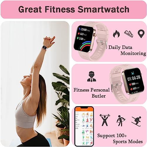 Smart Watch Women Bluetooth Call 1.96"Fitness Tracker Heart Rate Blood Pressure Oxygen Monitoring 100+Sport Modes Activity Trackers IP68 Waterproof Smartwatches Lady Lovers for iPhone Android Pink