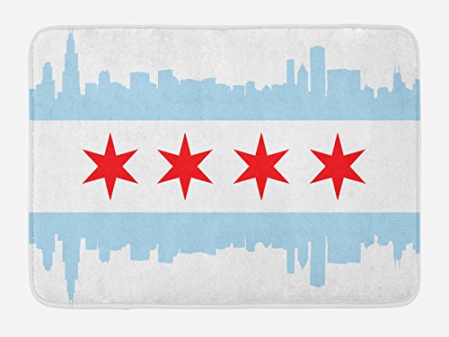 Chicago Skyline Bath Mat, City of Chicago Flag with High Rise Buildings Scenery National, Soft Flannel Non-Slip Carpet Bedroom Kitchen Floor Door Mats,Red White20 x32