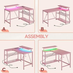 Bestier Gaming Desk with Power Outlets,42 LED Small Corner Computer Desk with Reversible Storage Shelves,L Shaped Desk with Hooks Workstation Desk for Office and Bedroom,Pink Carbon Fiber