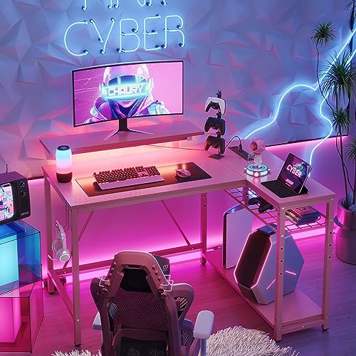 Bestier Gaming Desk with Power Outlets,42 LED Small Corner Computer Desk with Reversible Storage Shelves,L Shaped Desk with Hooks Workstation Desk for Office and Bedroom,Pink Carbon Fiber