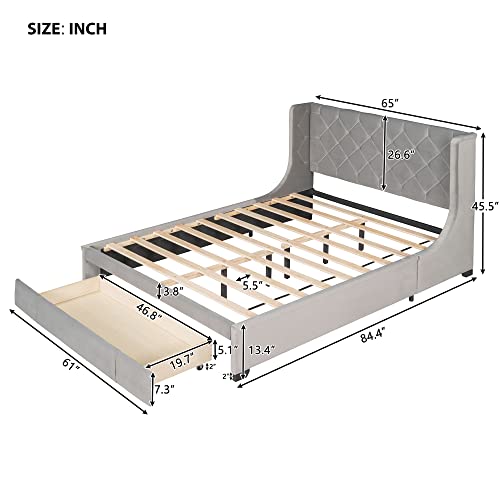 YuiHome Queen Size Bed Frame with Storage Drawers, Queen Velvet Upholstered Platform Bed with Wingback Headboard/Strong Wooden Slats/Easy Assembly,Gray