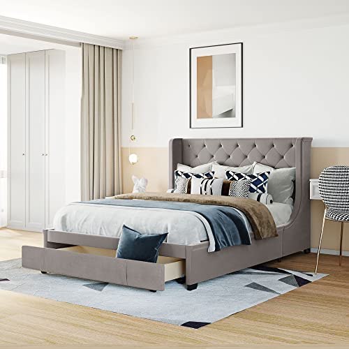 YuiHome Queen Size Bed Frame with Storage Drawers, Queen Velvet Upholstered Platform Bed with Wingback Headboard/Strong Wooden Slats/Easy Assembly,Gray