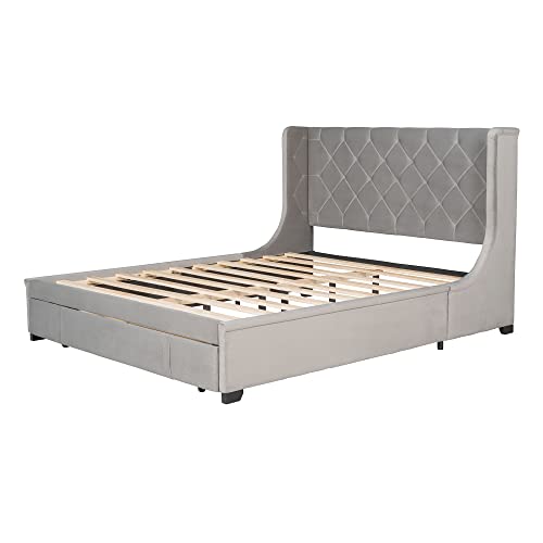 YuiHome Queen Size Bed Frame with Storage Drawers, Queen Velvet Upholstered Platform Bed with Wingback Headboard/Strong Wooden Slats/Easy Assembly,Gray