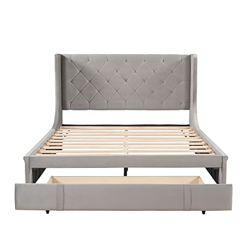 YuiHome Queen Size Bed Frame with Storage Drawers, Queen Velvet Upholstered Platform Bed with Wingback Headboard/Strong Wooden Slats/Easy Assembly,Gray