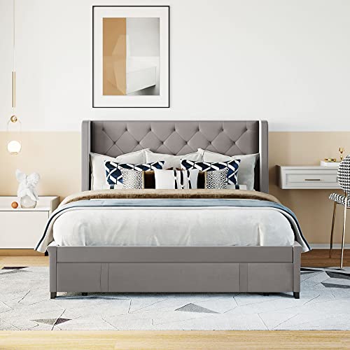 YuiHome Queen Size Bed Frame with Storage Drawers, Queen Velvet Upholstered Platform Bed with Wingback Headboard/Strong Wooden Slats/Easy Assembly,Gray