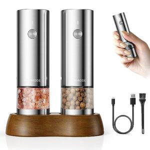 small electric salt and pepper grinder set,usb rechargeable salt and pepper mill with 5 adjustable coarseness refillable, stainless steel one hand automatic pepper salt shakers with wood base(2 pack)