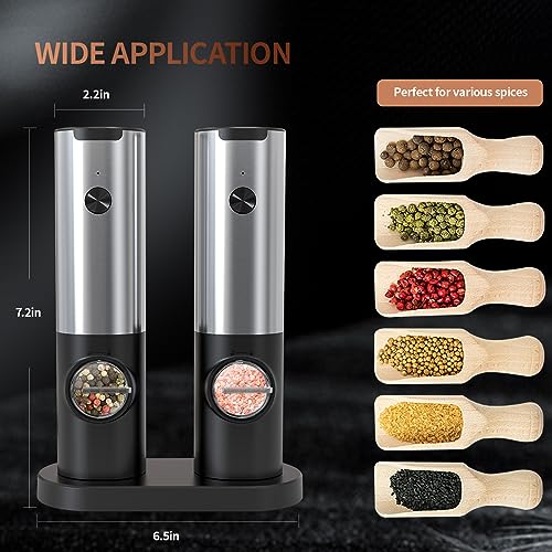 Electric Pepper and Salt Grinder Set With Rechargeable Base, Stainless Steel, Large Capacity, One-Hand Operated, Adjustable Coarseness, Automatic Pepper Mill, Refillable Salt Shaker With LED Light