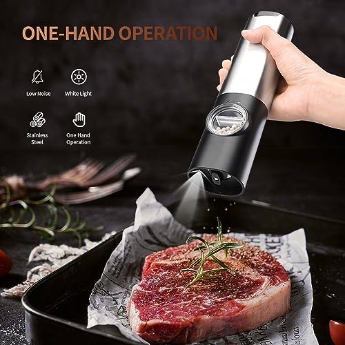 Electric Pepper and Salt Grinder Set With Rechargeable Base, Stainless Steel, Large Capacity, One-Hand Operated, Adjustable Coarseness, Automatic Pepper Mill, Refillable Salt Shaker With LED Light