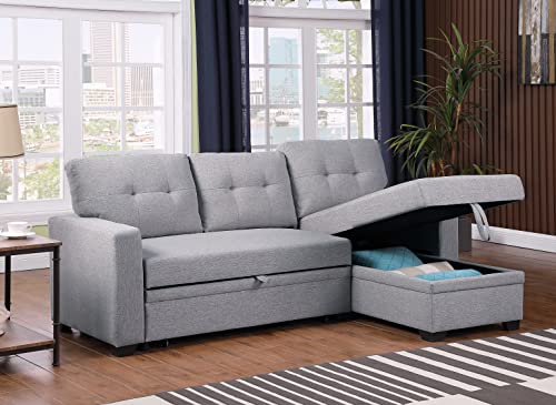 Devion Furniture L-Shape Linen Sleeper Sectional Sofa for Living Room, Home Furniture, Apartment, Dorm Sofabed, Light Gray