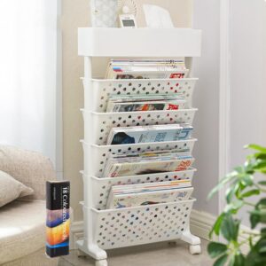 sxheyuy 6 tier book rack storage bookshelf, movable unique bookcase, large capacity utility organizer bookshelves for children students study in bedroom living room,white