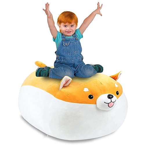 MissSoul Stuffed Animal Storage Bean Bag Chair Cover for Kids Cute Shiba Inu Yellow Dog Large Beanbag Plush Toy Bedroom Décor Organizer Cover, No Beans