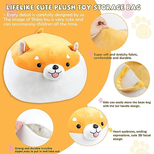 MissSoul Stuffed Animal Storage Bean Bag Chair Cover for Kids Cute Shiba Inu Yellow Dog Large Beanbag Plush Toy Bedroom Décor Organizer Cover, No Beans