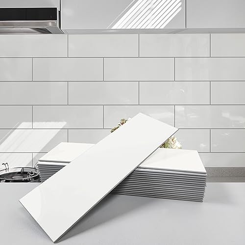 Avant Decor | Sample Tile | Stone Composite Subway Solid Color Tiles | Peel and Stick Kitchen Backsplash Tiles | Wall Tiles | 4” x 12” | Bex Metro Glossy Cotton